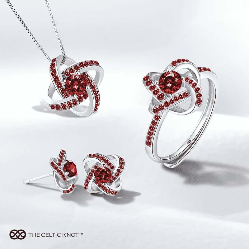 Celtic Knot Ruby 3‑Piece Set – Pendant, Earrings & Ring Collection ...
